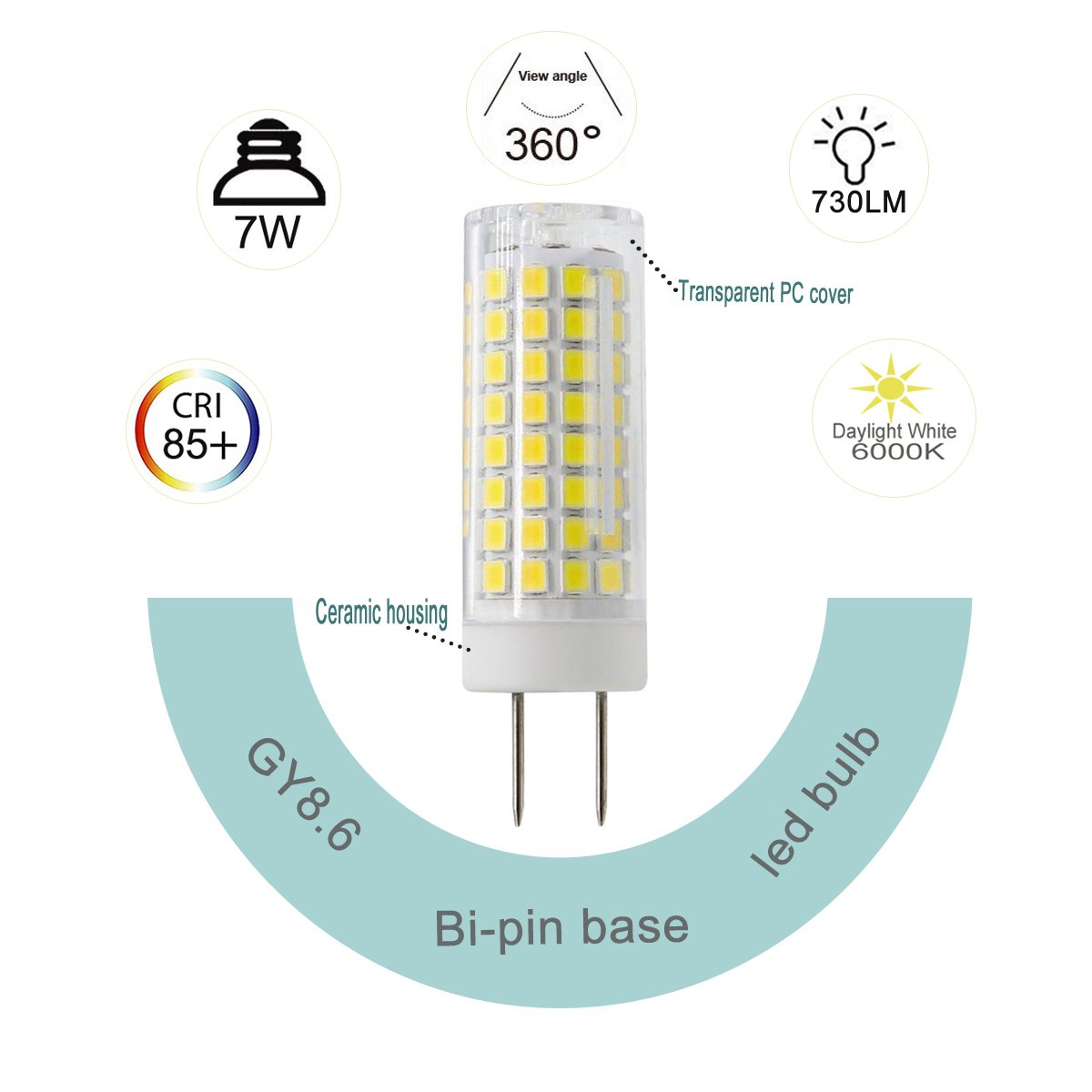 G MGY OLED LED GY8.6 Bulb,7W T4 G8 LED Bulb, 75W Halogen Bulb Replacement, GY8.6 Bi-pin Base Light Bulb, AC120V, for Under Counter Kitchen Lighting, Light Fitting, 2-Pack (White)