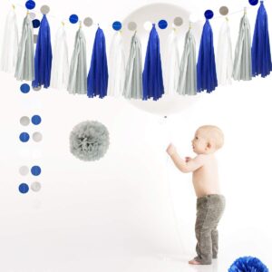 InBy 26pcs Tissue Paper Flower Pom Poms Party Decorations Kit Navy Blue Grey White Tassel Garland for Wedding First Birthday Bridal Baby Shower Graduation Bachelorette Party Supplies (12" 10" 8")