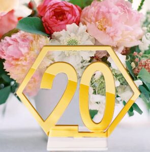 fashionclubs table numbers, 1-20 wedding acrylic table numbers with holder base party card table holder,hexagon shape,perfect for wedding reception and decoration (1-20 gold)