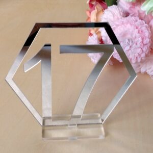 Fashionclubs Table Numbers, 1-20 Wedding Acrylic Table Numbers with Holder Base Party Card Table Holder,Hexagon Shape,Perfect for Wedding Reception and Decoration (Silver)