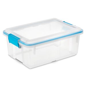 sterilite 12 qt gasket box, stackable storage bin with latching lid and tight seal, plastic container to organize basement, clear base and lid, 6-pack