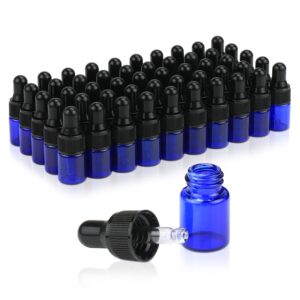 furnido pack of 50 2 ml (5/8 dram) cobalt blue glass dropper bottles,empty eye dropper sample vials with black dropper caps for fragrance,essential oil,perfume,cosmetic liquid lotion-2 dropper free