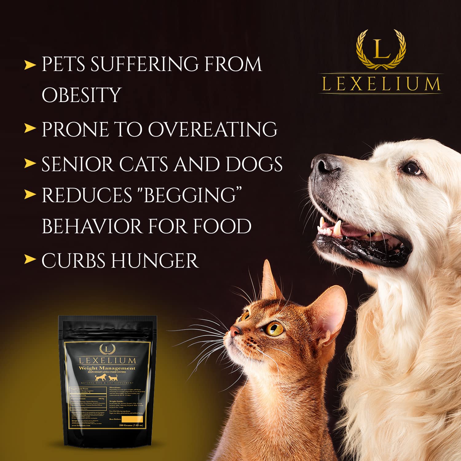 Lexelium Organic Weight Management Supplement for Cats & Dogs | 100% Natural Pet Supplement Powder | Helps with Weight Loss & Curbing Appetite | Keeps Cats and Dogs from Overeating | 200 Grams