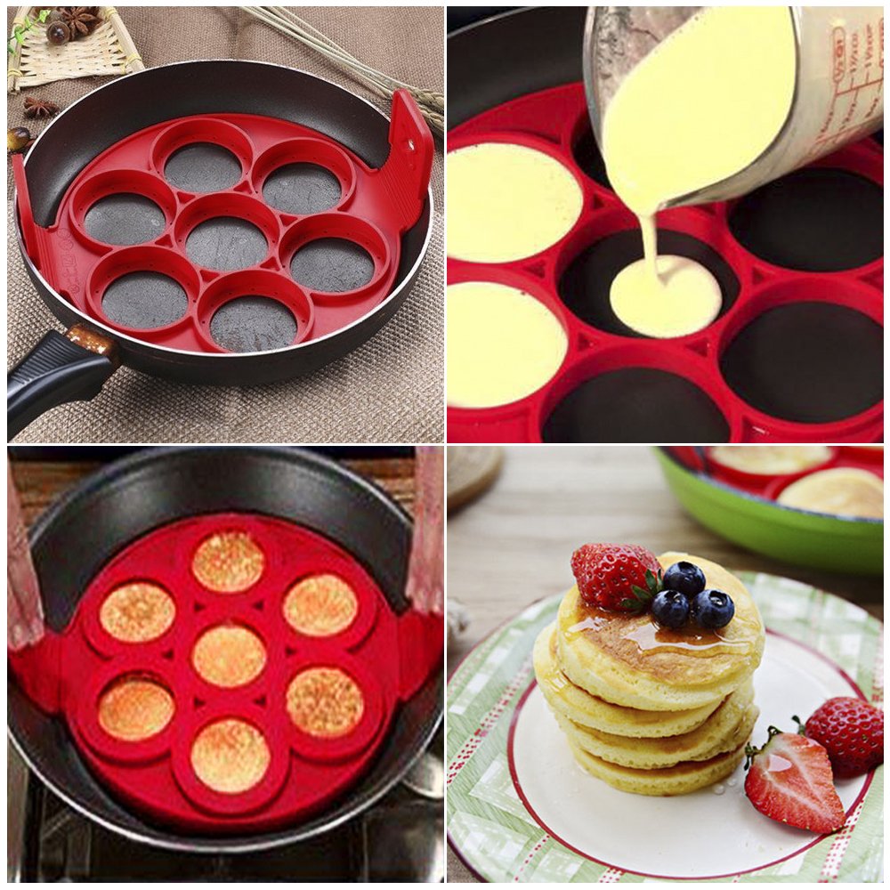 Flip Cooker Pancakes Mold - New Upgrade Silicone Pancake Molds 7 Circles Reusable Non Stick Egg Mold Ring pancake Maker for Kitchen - 2 Pack