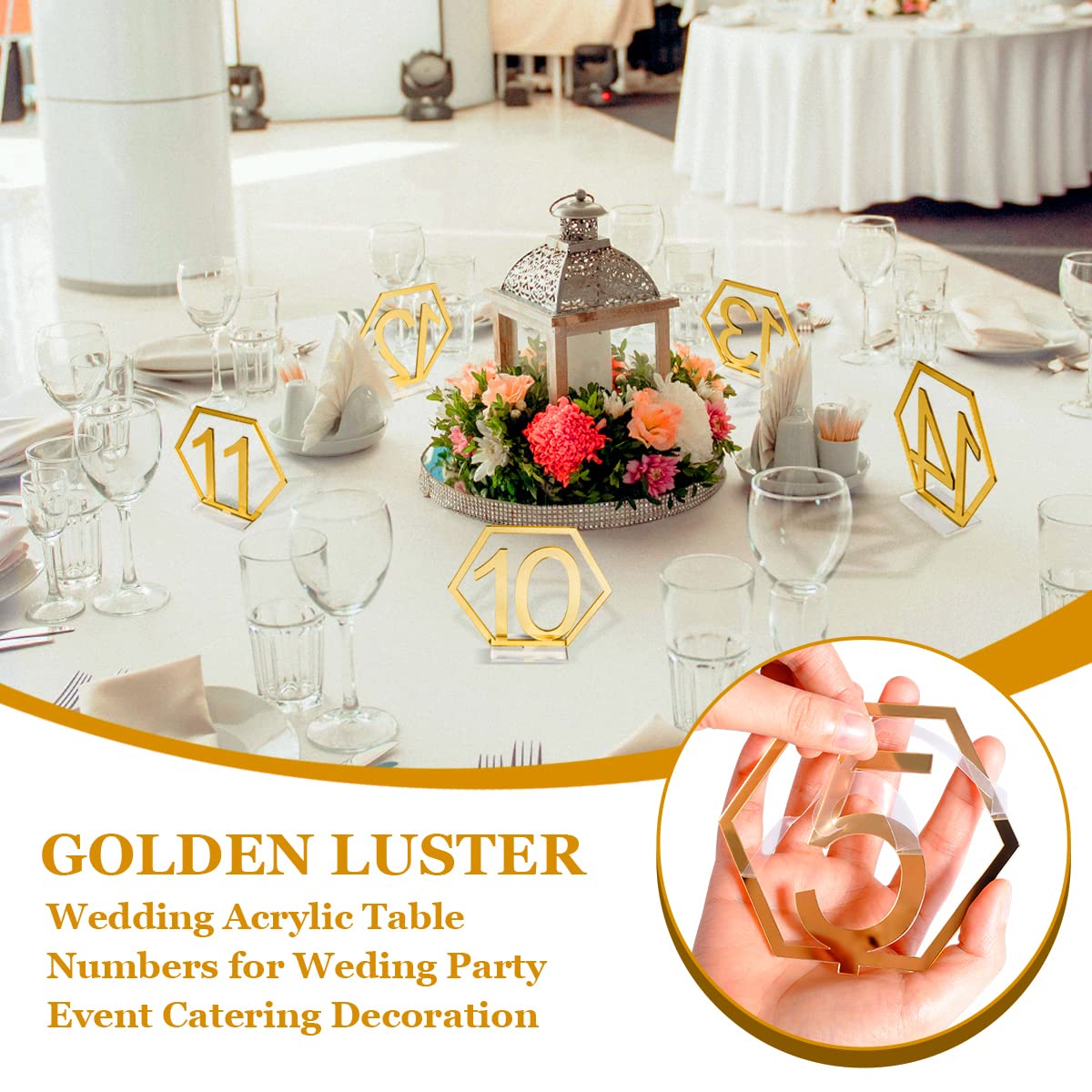 Fashionclubs Table Numbers, 1-20 Wedding Acrylic Table Numbers with Holder Base Party Card Table Holder,Hexagon Shape,Perfect for Wedding Reception and Decoration (1-20 Gold)