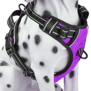 poypet no pull dog harness, reflective comfortable vest harness with front & back 2 leash attachments and easy control handle adjustable soft padded pet vest for small to large dogs (purple,m)