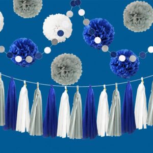 InBy 26pcs Tissue Paper Flower Pom Poms Party Decorations Kit Navy Blue Grey White Tassel Garland for Wedding First Birthday Bridal Baby Shower Graduation Bachelorette Party Supplies (12" 10" 8")