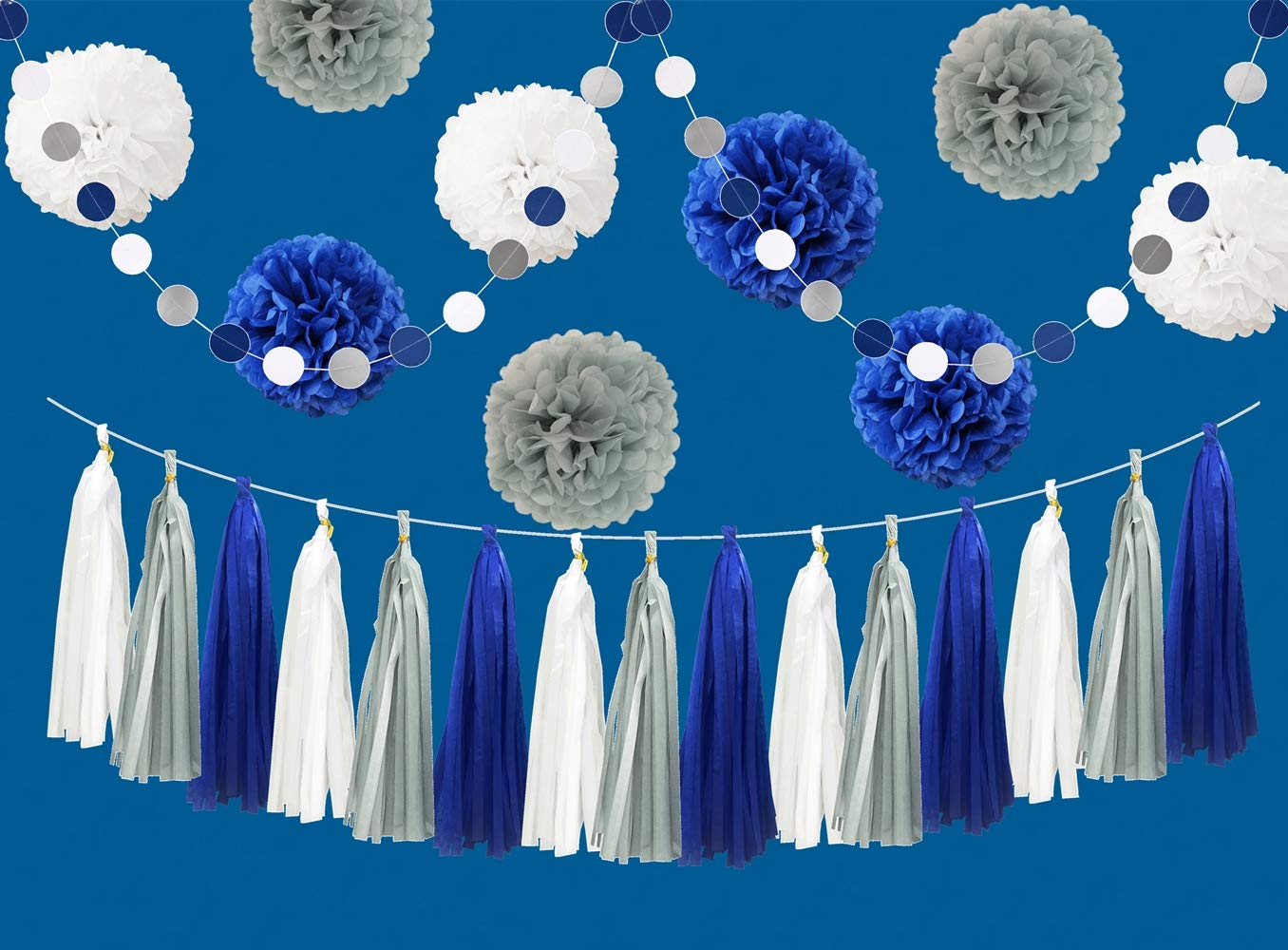 InBy 26pcs Tissue Paper Flower Pom Poms Party Decorations Kit Navy Blue Grey White Tassel Garland for Wedding First Birthday Bridal Baby Shower Graduation Bachelorette Party Supplies (12" 10" 8")