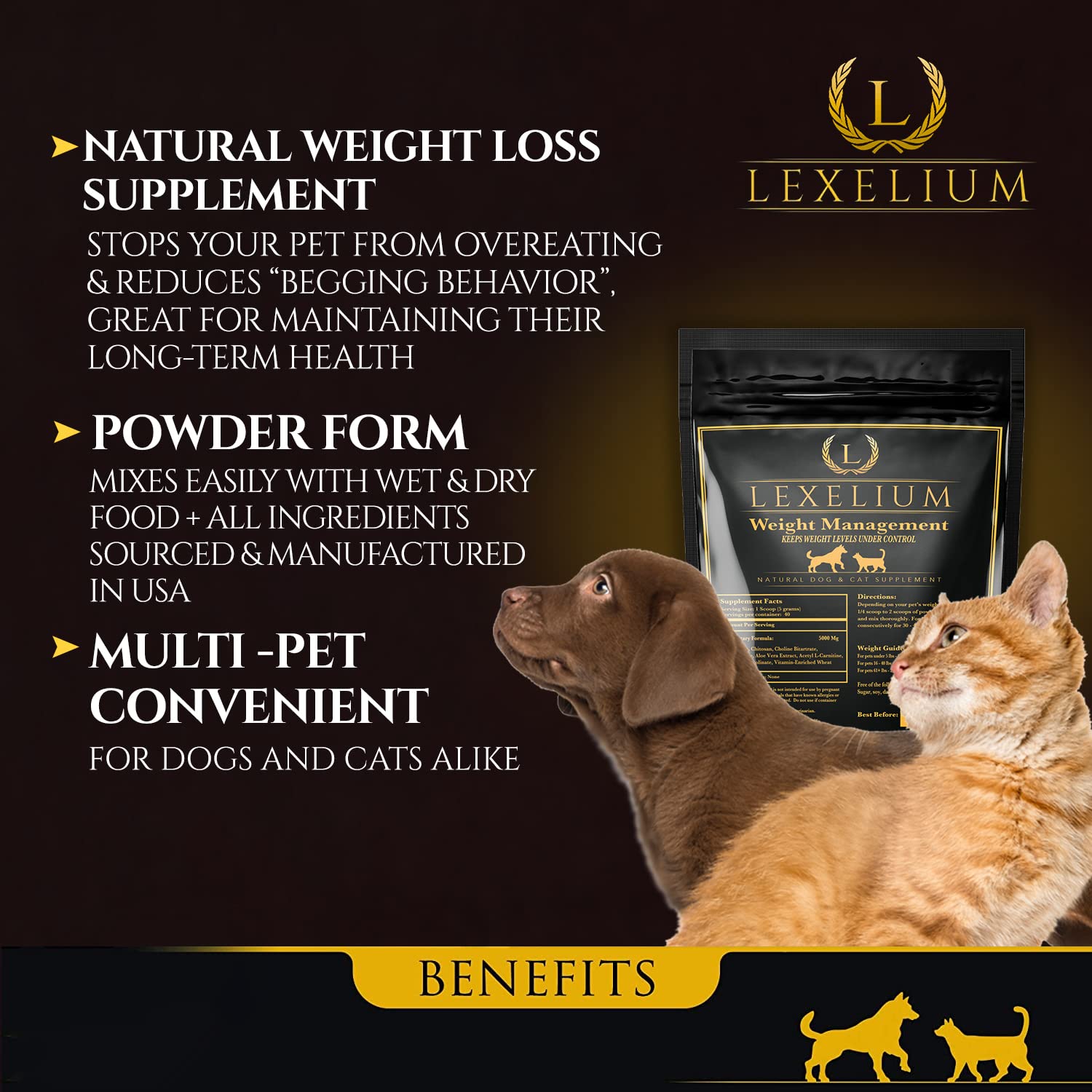 Lexelium Organic Weight Management Supplement for Cats & Dogs | 100% Natural Pet Supplement Powder | Helps with Weight Loss & Curbing Appetite | Keeps Cats and Dogs from Overeating | 200 Grams