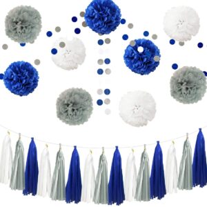 inby 26pcs tissue paper flower pom poms party decorations kit navy blue grey white tassel garland for wedding first birthday bridal baby shower graduation bachelorette party supplies (12" 10" 8")