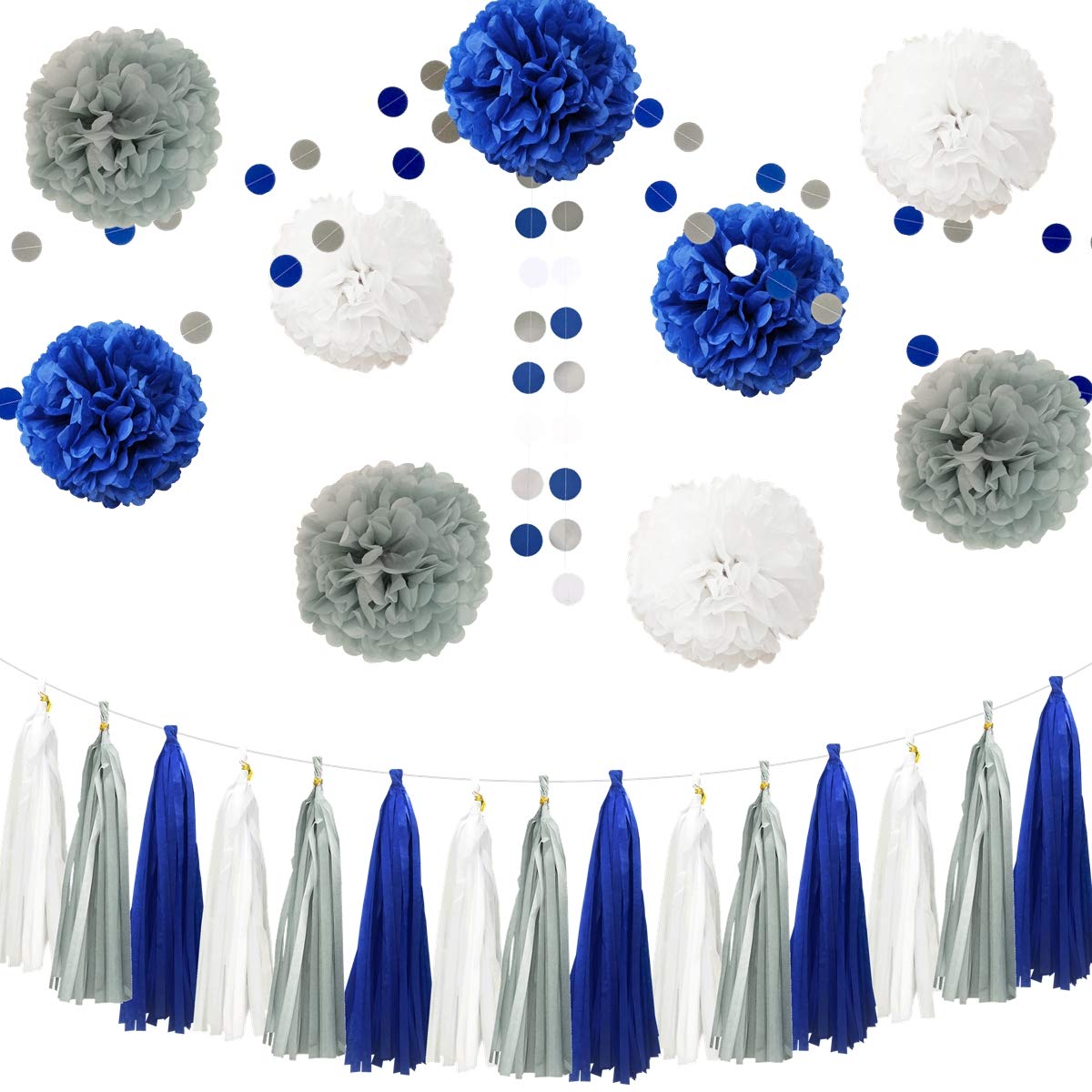 InBy 26pcs Tissue Paper Flower Pom Poms Party Decorations Kit Navy Blue Grey White Tassel Garland for Wedding First Birthday Bridal Baby Shower Graduation Bachelorette Party Supplies (12" 10" 8")