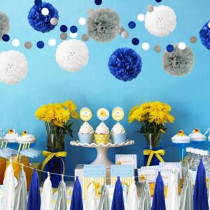 InBy 26pcs Tissue Paper Flower Pom Poms Party Decorations Kit Navy Blue Grey White Tassel Garland for Wedding First Birthday Bridal Baby Shower Graduation Bachelorette Party Supplies (12" 10" 8")