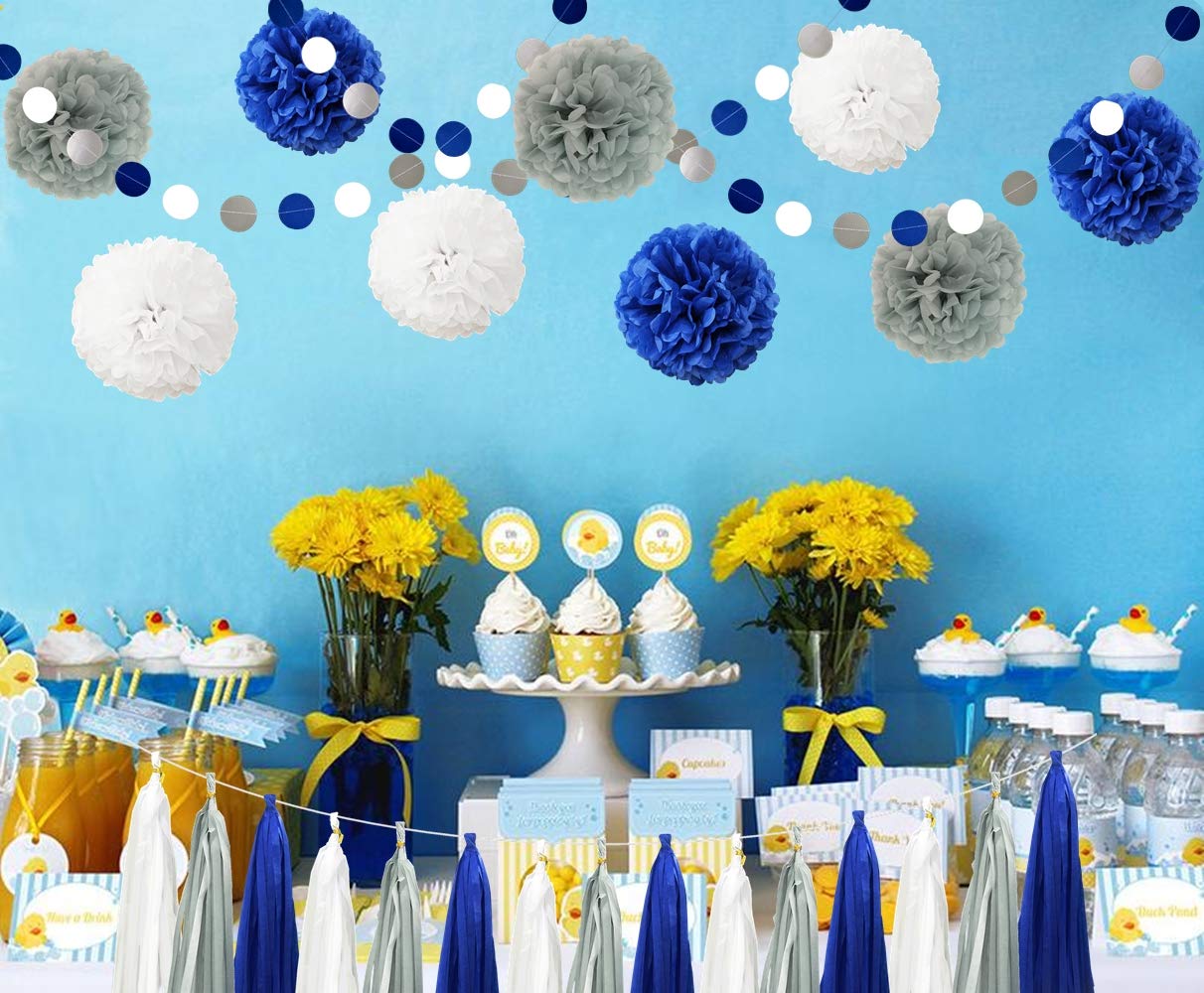 InBy 26pcs Tissue Paper Flower Pom Poms Party Decorations Kit Navy Blue Grey White Tassel Garland for Wedding First Birthday Bridal Baby Shower Graduation Bachelorette Party Supplies (12" 10" 8")