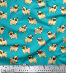 soimoi dressmaking pug dog print 58 inches wide decorative cotton cambric fabric by the yard - aqua blue