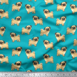 Soimoi Dressmaking Pug Dog Print 58 Inches Wide Decorative Cotton Cambric Fabric by The Yard - Aqua Blue