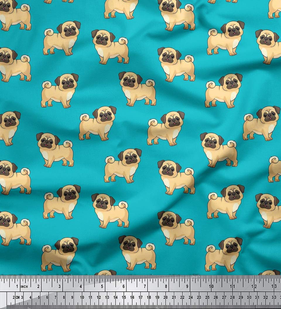 Soimoi Dressmaking Pug Dog Print 58 Inches Wide Decorative Cotton Cambric Fabric by The Yard - Aqua Blue