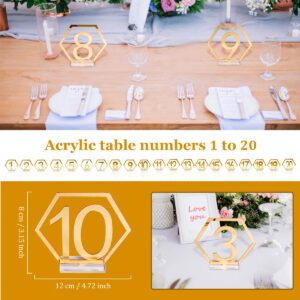 Fashionclubs Table Numbers, 1-20 Wedding Acrylic Table Numbers with Holder Base Party Card Table Holder,Hexagon Shape,Perfect for Wedding Reception and Decoration (1-20 Gold)