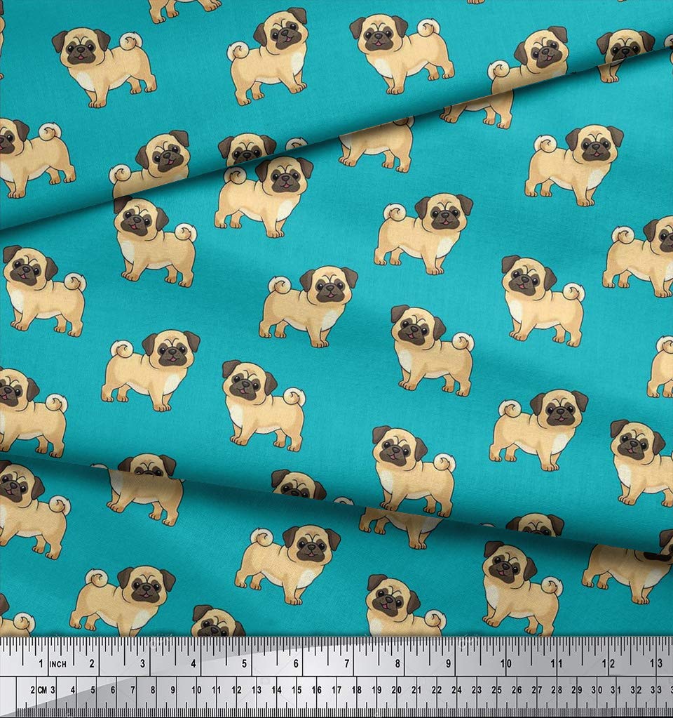 Soimoi Dressmaking Pug Dog Print 58 Inches Wide Decorative Cotton Cambric Fabric by The Yard - Aqua Blue