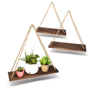 boho wall hanging shelf - wood hanging shelves for wall - farmhouse rope shelves for bedroom living room bathroom - rustic wood shelves - hanging plant shelf - triangle floating shelf (triangle mount)