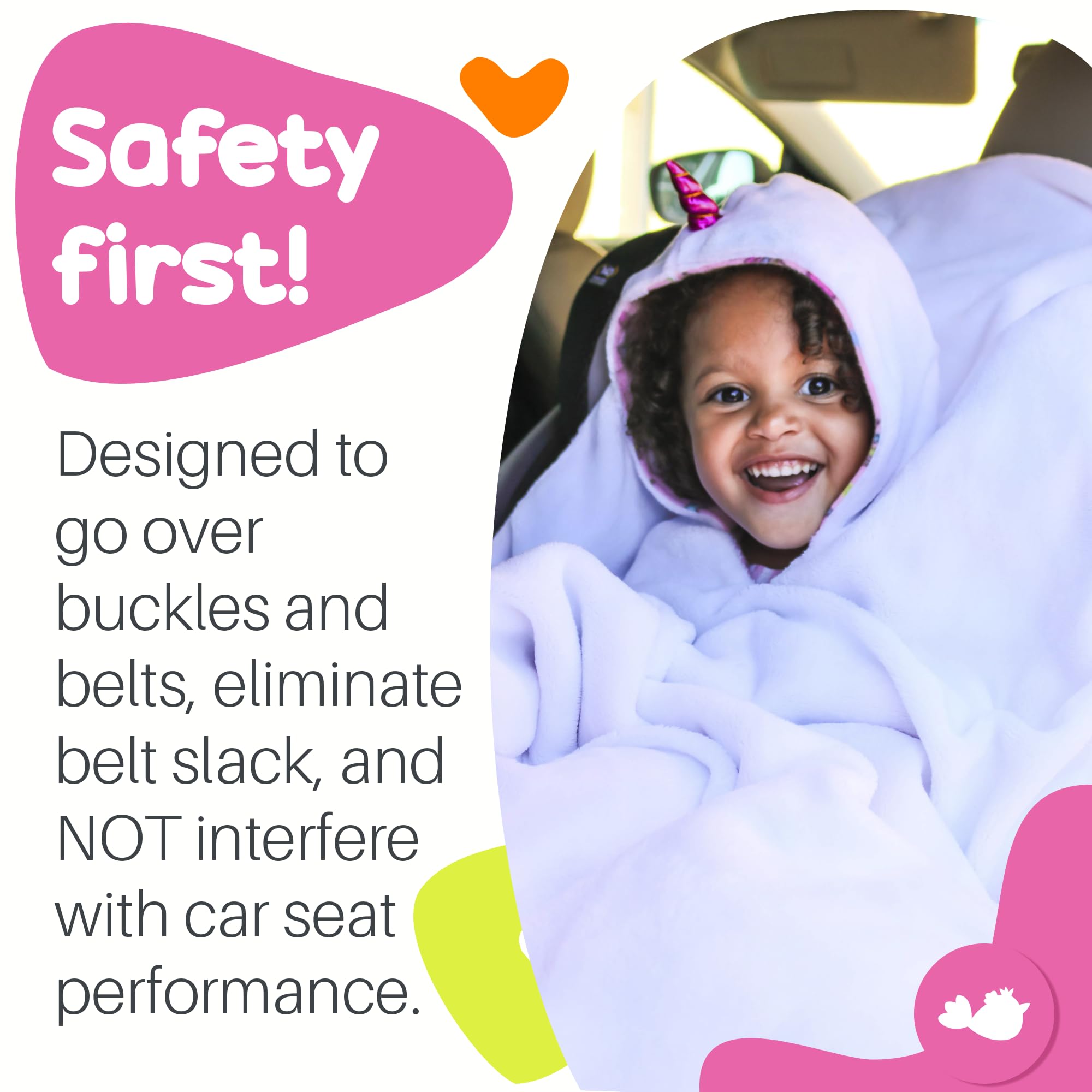 Birdy Boutique Car Seat Poncho for Kids – Safe to Use Over Seat Belts – Reversible Warm and Cozy Blanket – Easy on Easy Off and Doesn’t Impact Car Seat Performance – Unicorn – One Size