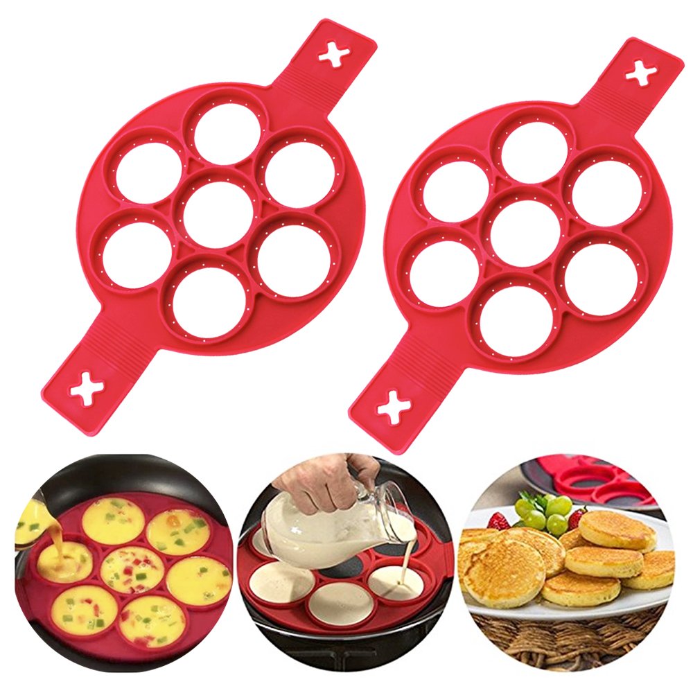 Flip Cooker Pancakes Mold - New Upgrade Silicone Pancake Molds 7 Circles Reusable Non Stick Egg Mold Ring pancake Maker for Kitchen - 2 Pack