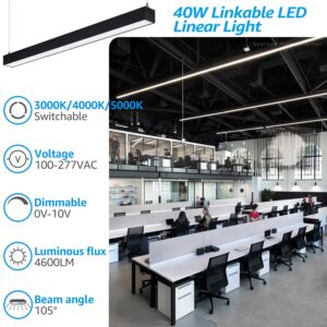 LEONLITE 4FT Linkable LED Linear Light, 3CCT 40W 3000K/4000K/5000K CCT Selectable, ETL Listed Dimmable Architectural LED Suspension Office Lighting Fixture, Matte Black Aluminum Housing, Pack of 2