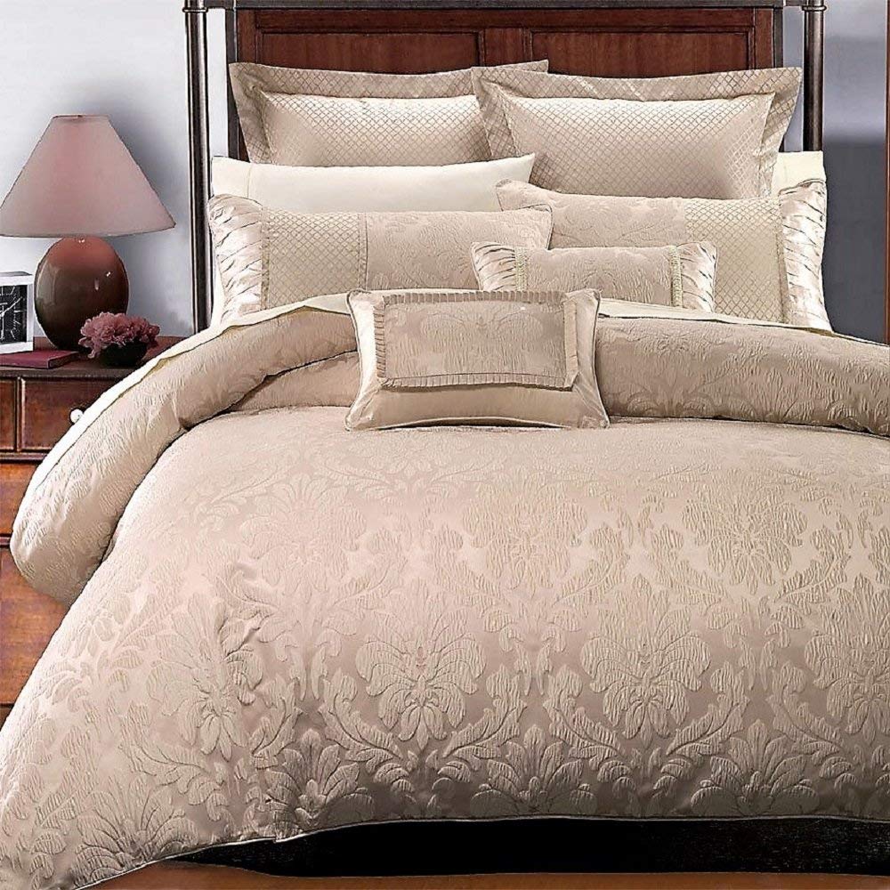 Royal Hotel Bedding Luxury 7PC Sara Jacquard Duvet Cover Set (Comforter Cover), Corner Ties with Duvet Cover and Button Closure, Full/Queen Size, Beige