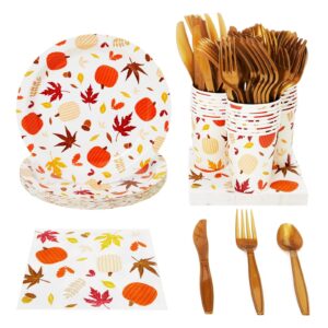 juvale autumn paper plates and napkins, cups, cutlery for thanksgiving, fall party supplies (serves 24, 144 pieces)