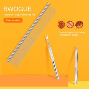 BWOGUE Premium Tick Removal Kit for Dogs and Cats - Stainless Steel Tool with Comb, Easily Removes Ticks and Fleas