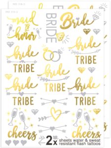 bachelorette party tattoos - 120+ metallic gold & silver sweat & water resistant tats - bachelorette party decorations for bridesmaids, maid of honor & bride tribe by merry expressions