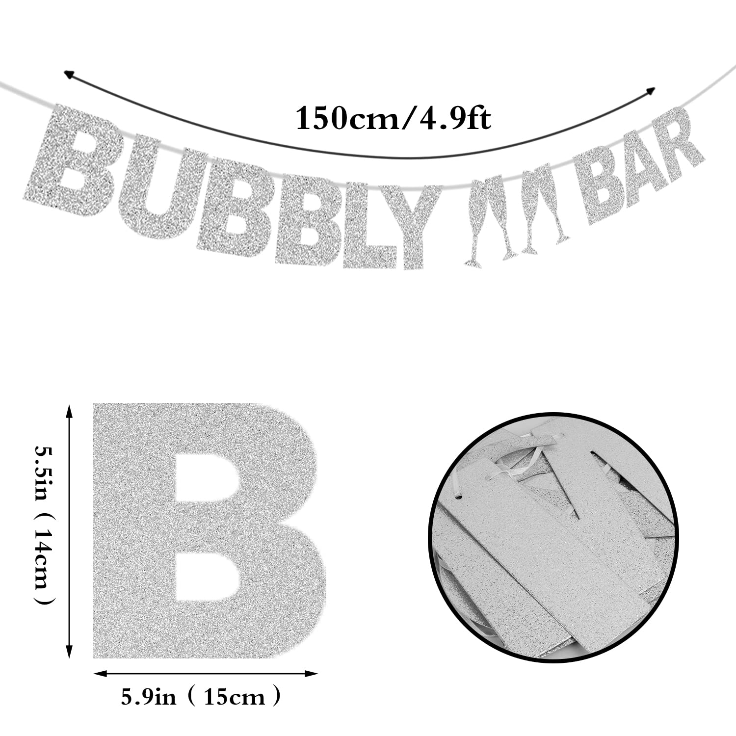 LINGTEER Bubbly Bar Silver Glitter Bunting Banner - Cheers to Wedding Bridal Shower Bachelorette Drinking Party Backdrop Decorations.[Pre-Strung]