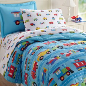 wildkin kids 5 pc twin bed in a bag for boys and girls, microfiber bedding set includes comforter, flat sheet, fitted sheet, one pillow case and one sham (trains, planes, and trucks)