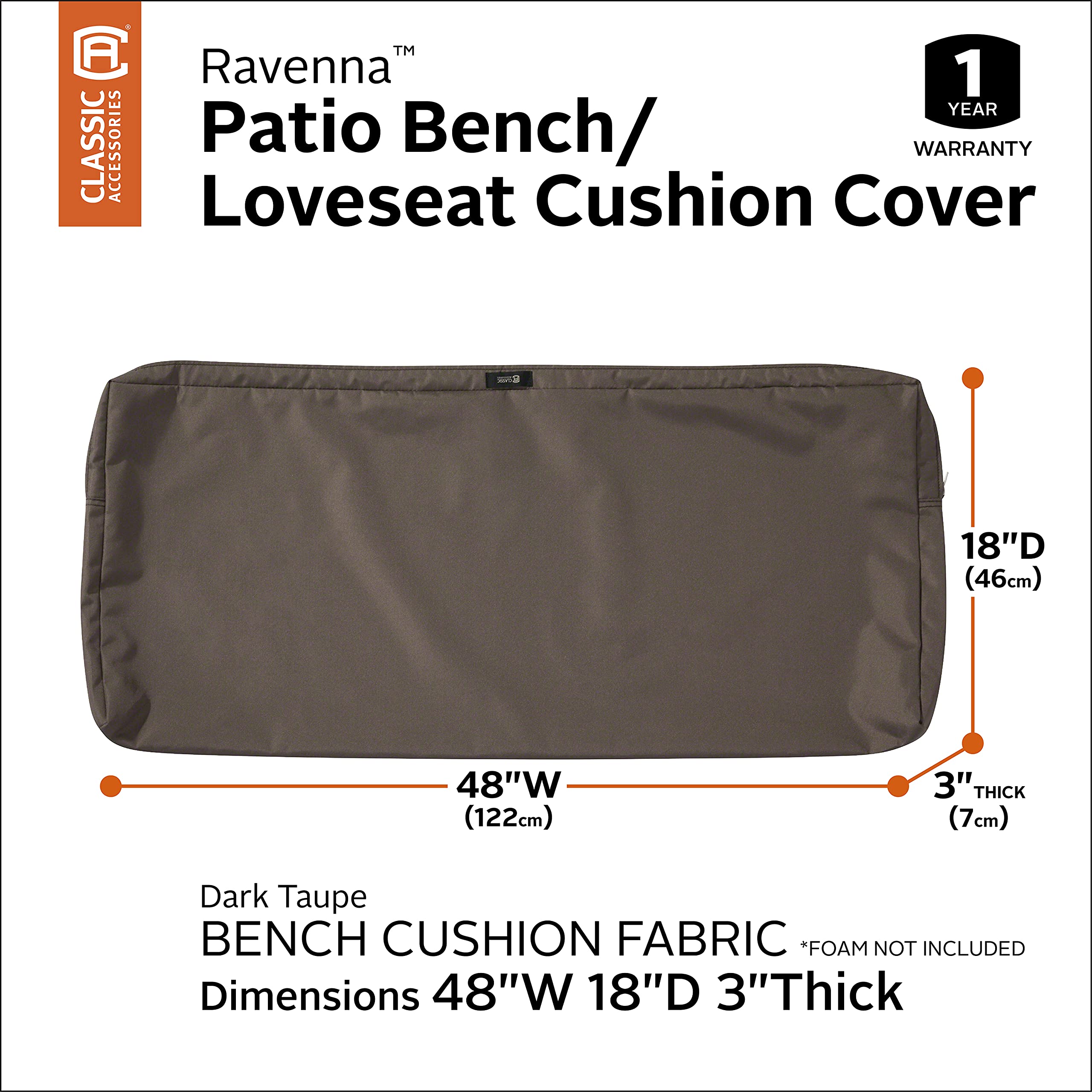 Classic Accessories Ravenna Water-Resistant 48 x 18 x 3 Inch Outdoor Bench/Settee Cushion Slip Cover, Patio Furniture Swing Cushion Cover, Dark Taupe, Patio Furniture Cushion Covers