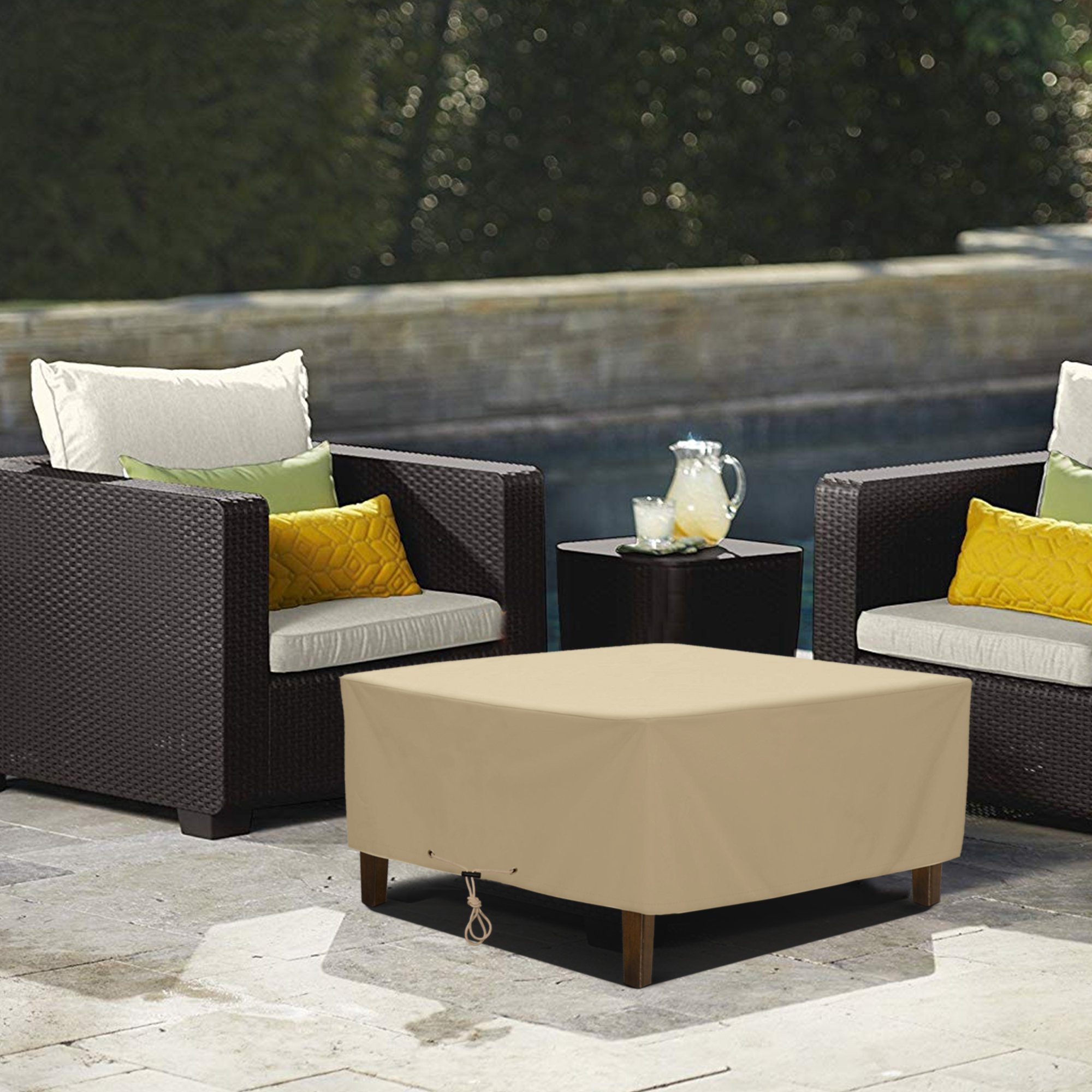 SunPatio Outdoor Ottoman Cover, Heavy Duty Waterproof Square Coffee Table Cover, Patio Furniture Side Table Cover, All Weather Protection, 32" L x 32" W x 18" H, Beige