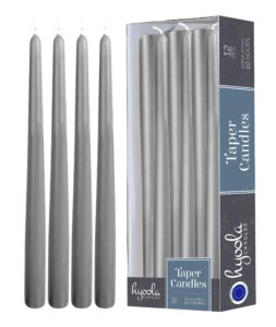 12 pack tall taper candles - 12 inch dark grey dripless, unscented dinner candle - paraffin wax with cotton wicks - 10 hour burn time