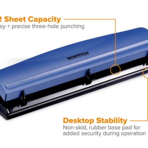 Bostitch Office Premium 3 Hole Punch, 12 Sheet Capacity, Metal, Rubber Base, Easy-Clean Tray, Silver