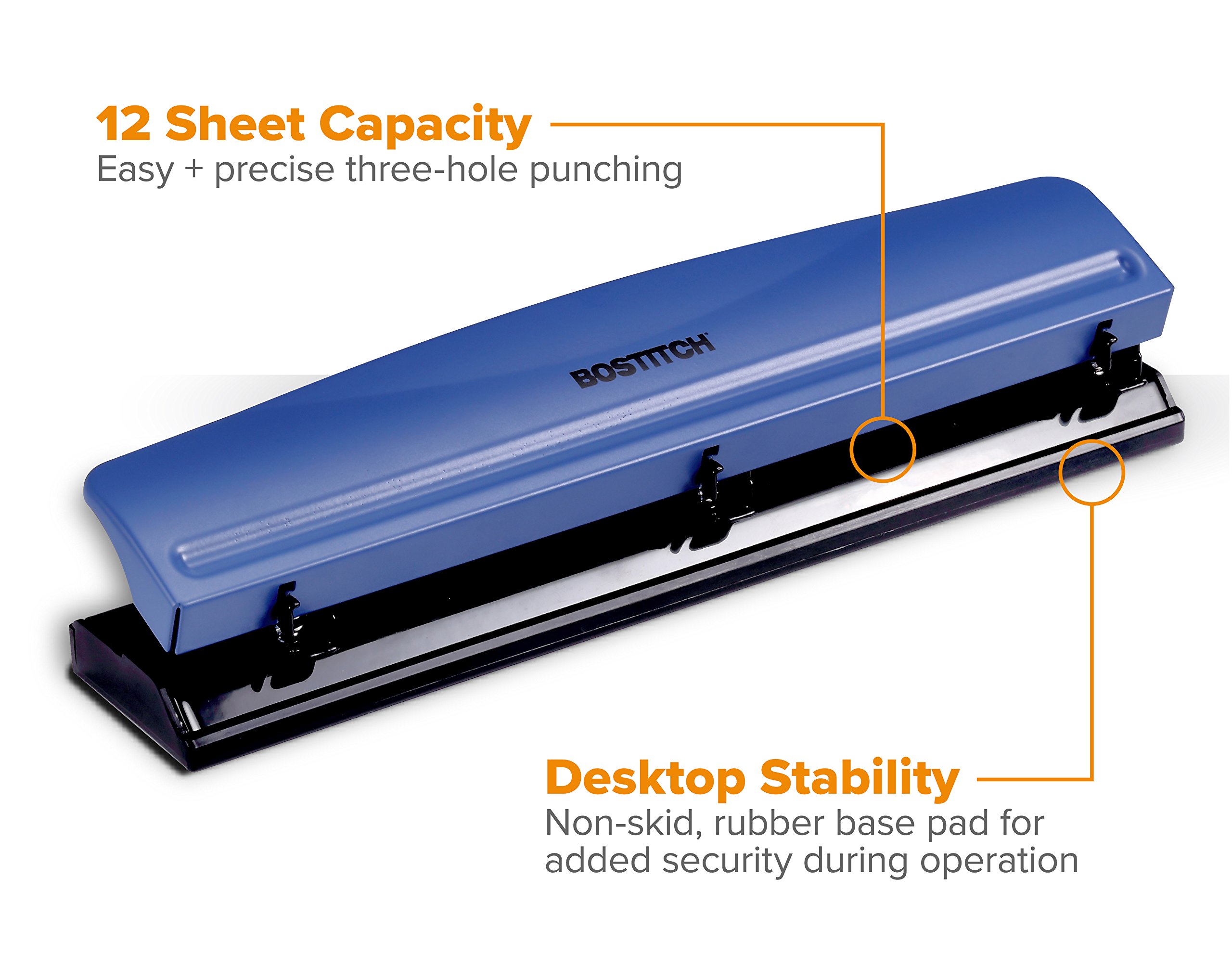 Bostitch Office Premium 3 Hole Punch, 12 Sheet Capacity, Metal, Rubber Base, Easy-Clean Tray, Silver