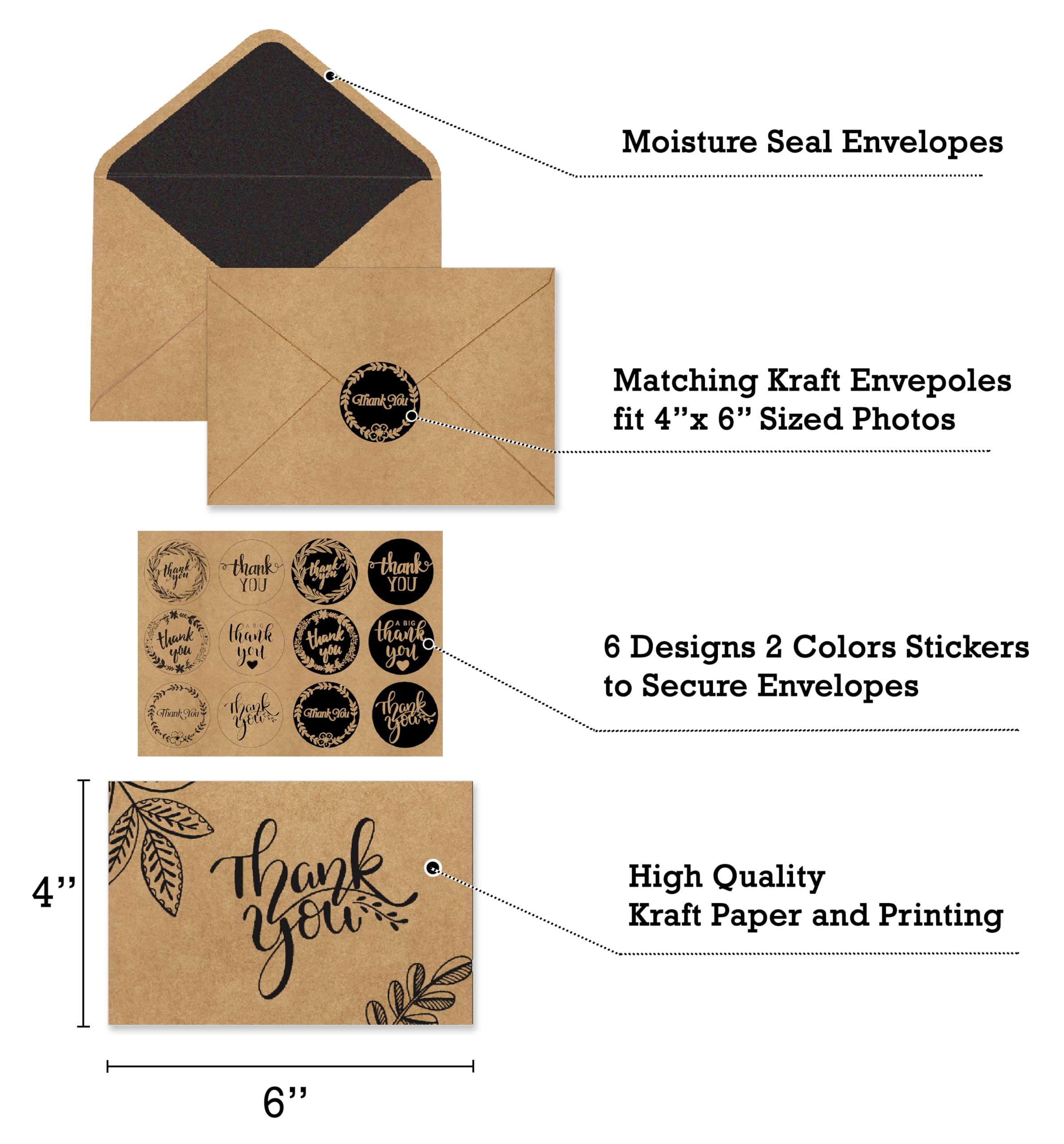 150 Thank You Cards with Matching Brown Kraft Envelopes and Stickers - Elegant 10 Designs Kraft Paper Bulk Blank Notes, Prefolded 4x6 Inch Blank