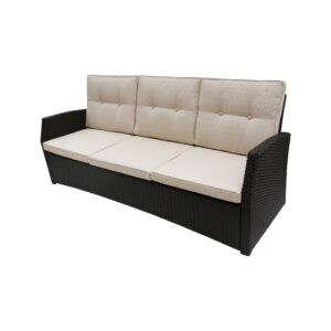 christopher knight home amigo outdoor 3 seater wicker sofa, dark brown with beige cushions