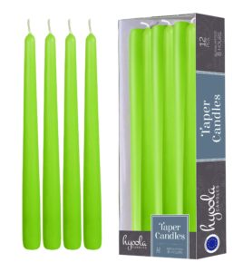 12 pack tall taper candles - 10 inch lime dripless, unscented dinner candle - paraffin wax with cotton wicks - 8 hour burn time