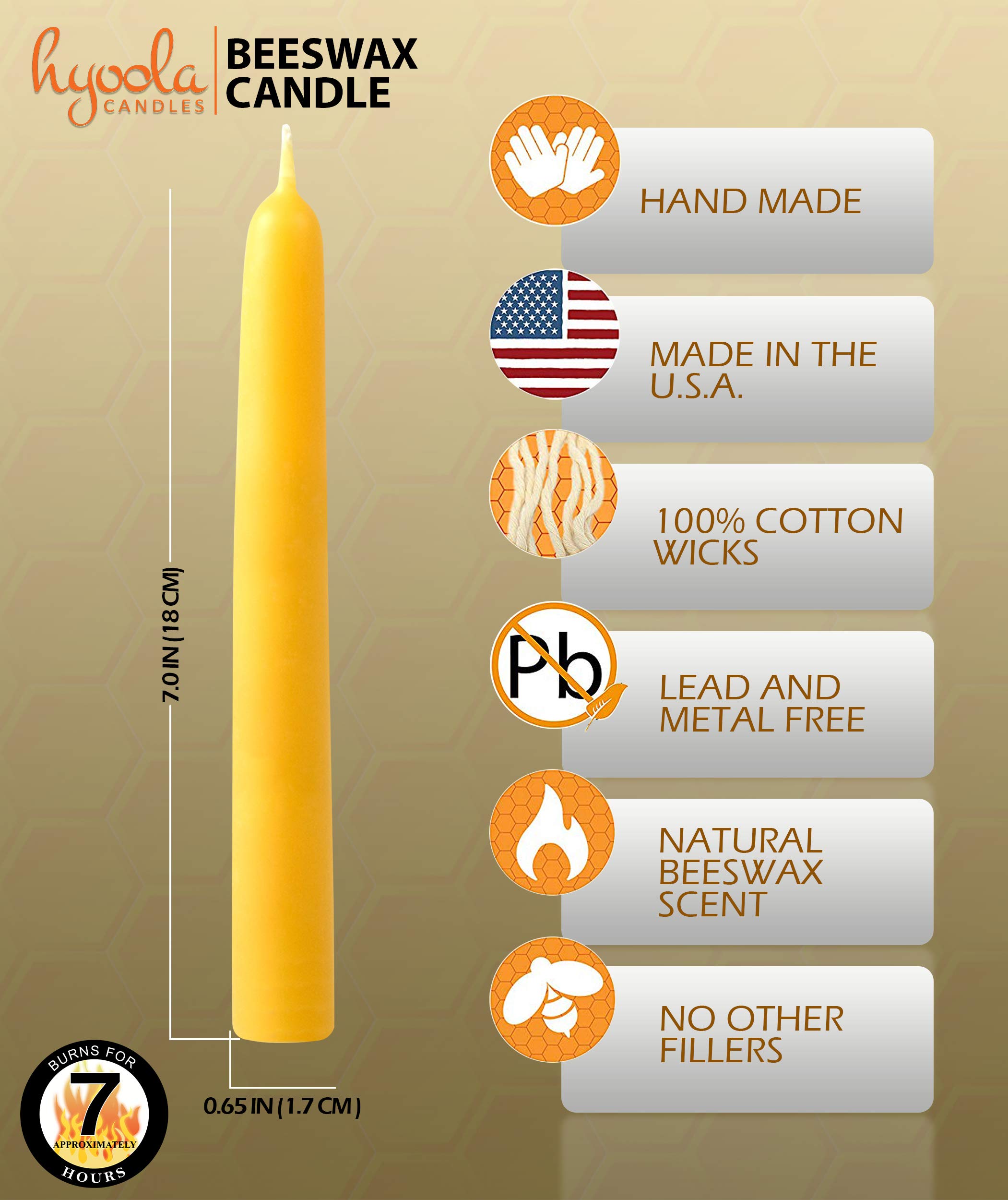 Hyoola 7 Inch Beeswax Taper Candles 12 Pack - Handmade, All Natural, 100% Pure Unscented Bee Wax Candle - Tall, Decorative, Golden Yellow - 7 Hour Burn Time