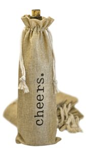 burlap wine bag - 12 jute wine bottle gift bags with drawstring and "cheers" print - gifting supplies for wedding, party favors, christmas, holiday and wine tasting party (brown, cheers)