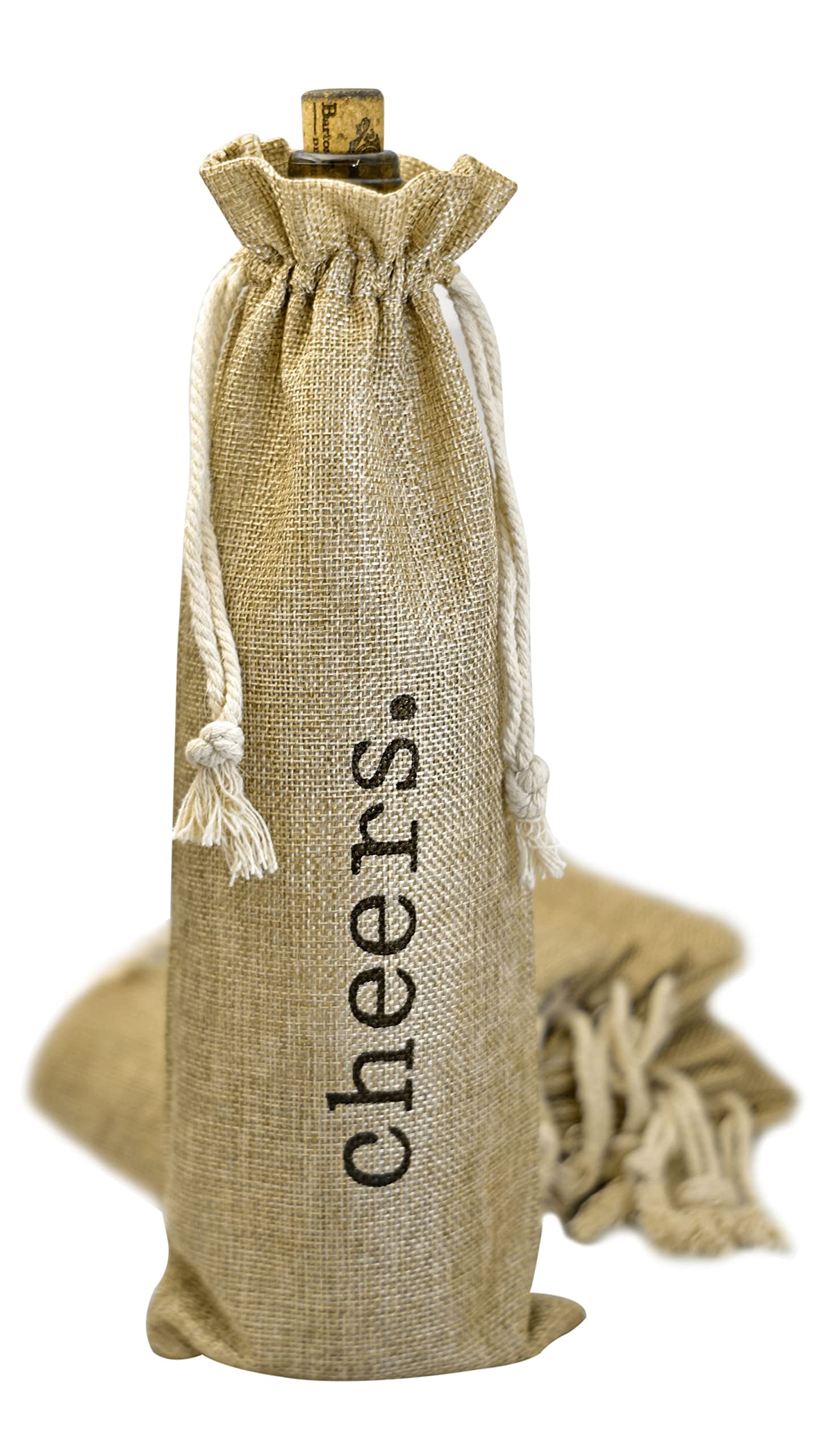 Burlap Wine Bag - 12 Jute Wine Bottle Gift Bags with Drawstring and "Cheers" Print - Gifting Supplies for Wedding, Party Favors, Christmas, Holiday and Wine Tasting Party (Brown, Cheers)