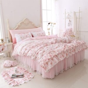 lelva romantic roses print duvet cover set with bed skirt pink lace ruffle floral shabby chic bedding sets queen 4 piece