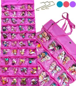 home4 lol toys hanging over the door storage organizer carrying travel, 40 clear view pockets, roll up, for small dolls, cars, jewelry, hair accessories, arts & crafts, bead, sewing and more (pink)