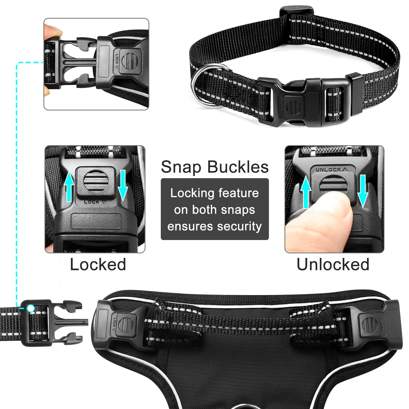 WINSEE Dog Harness No Pull, Pet Harnesses with Dog Collar, Adjustable Reflective Oxford Outdoor Vest, Front/Back Leash Clips for Small, Medium, Large, Extra Large Dogs, Easy Control Handle for Walking