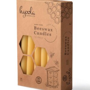 Hyoola 7 Inch Beeswax Taper Candles 12 Pack - Handmade, All Natural, 100% Pure Unscented Bee Wax Candle - Tall, Decorative, Golden Yellow - 7 Hour Burn Time