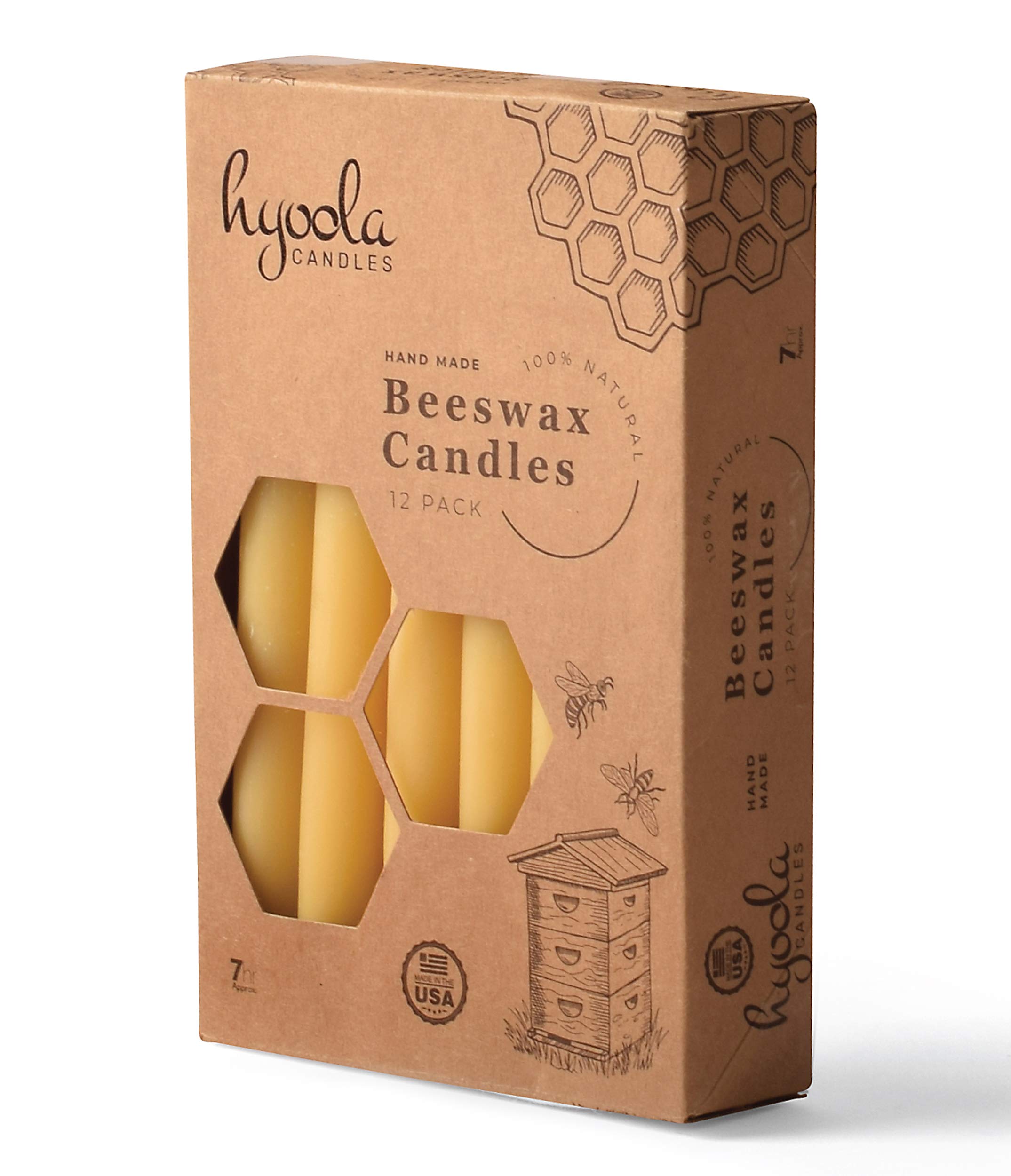 Hyoola 7 Inch Beeswax Taper Candles 12 Pack - Handmade, All Natural, 100% Pure Unscented Bee Wax Candle - Tall, Decorative, Golden Yellow - 7 Hour Burn Time