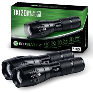 ecogear fx led flashlights - small camping flashlights with high lumens, 5 light modes, zoomable beam - bright tactical flash light for outdoor home and emergency [2 pack]