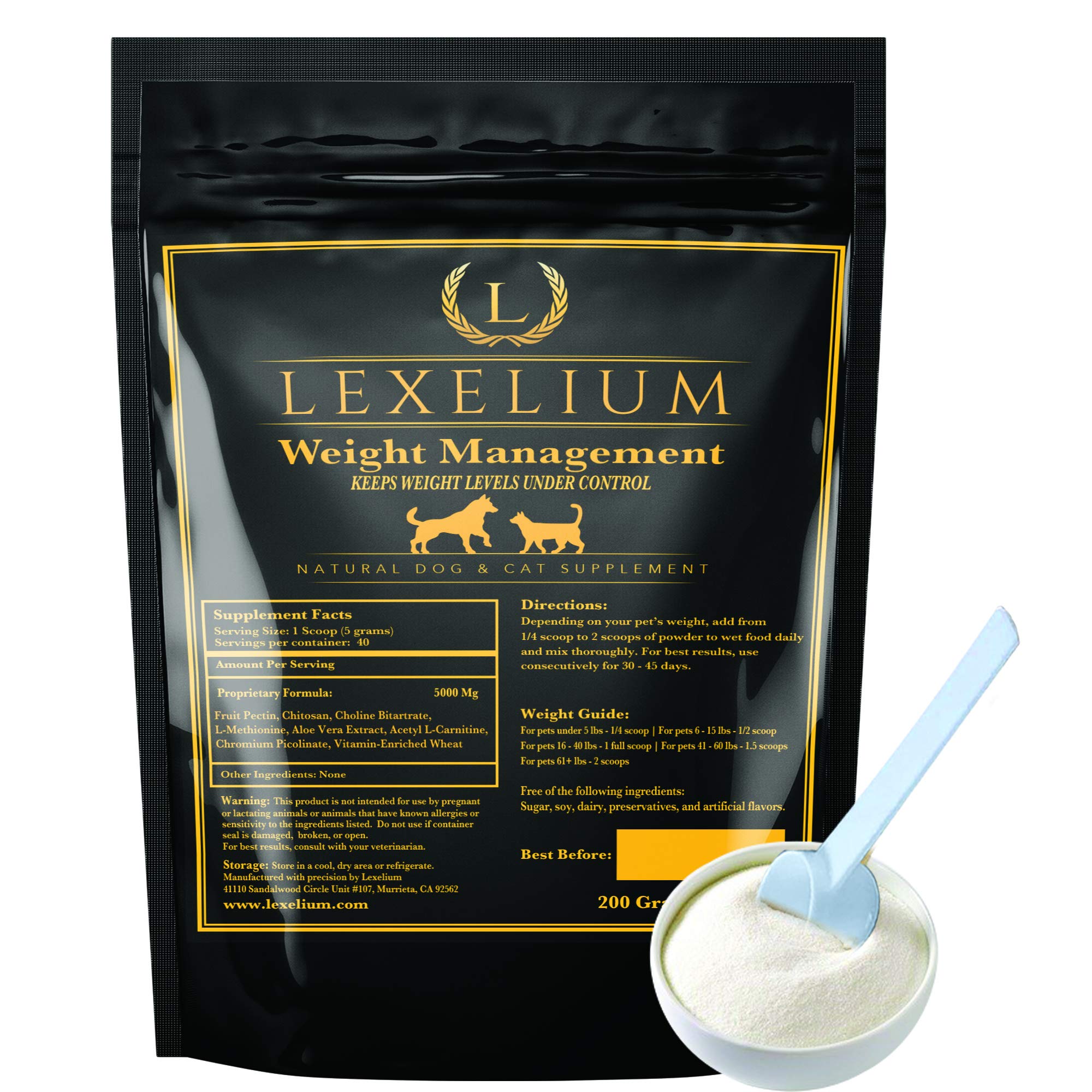 Lexelium Organic Weight Management Supplement for Cats & Dogs | 100% Natural Pet Supplement Powder | Helps with Weight Loss & Curbing Appetite | Keeps Cats and Dogs from Overeating | 200 Grams